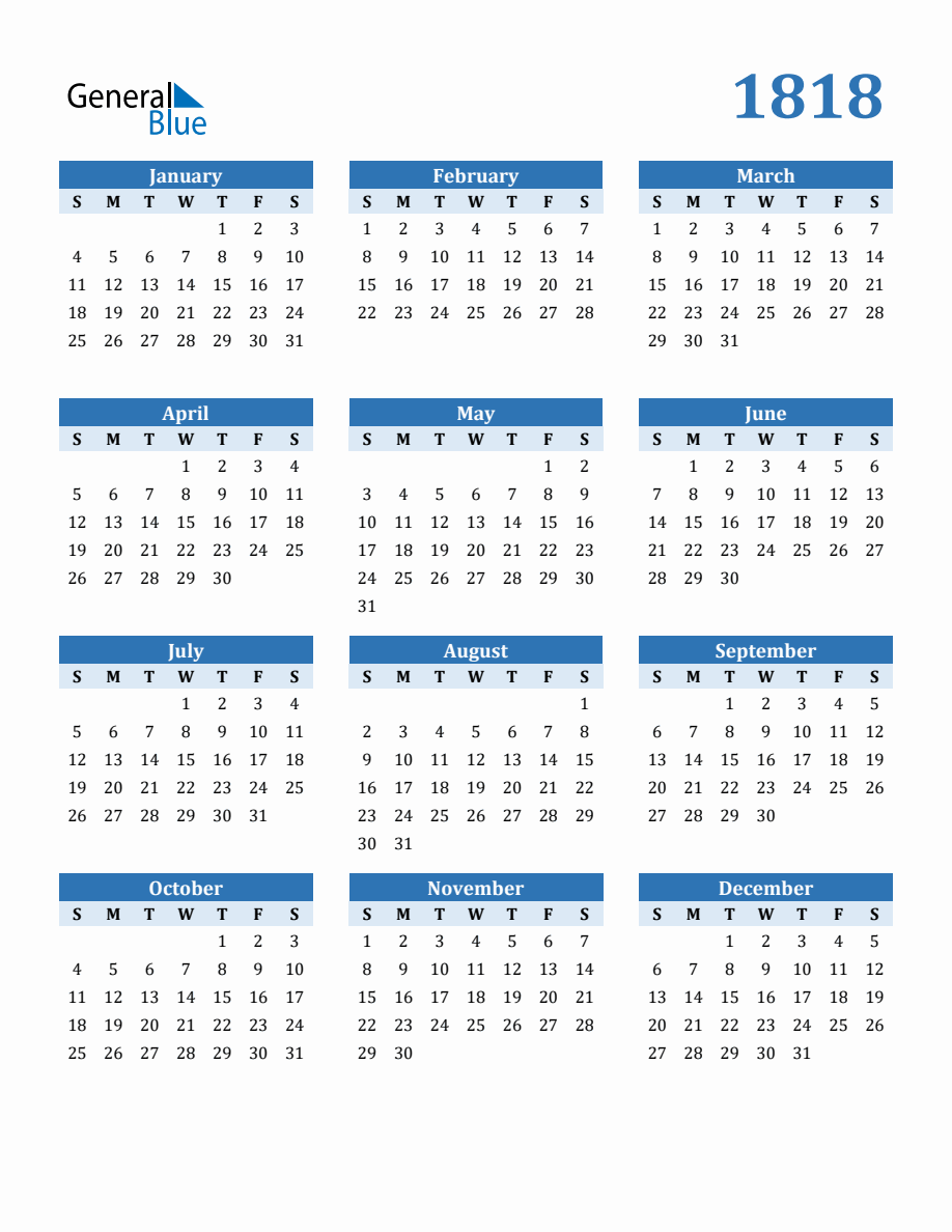 Free 1818 Year Calendar in PDF, Word, and Excel