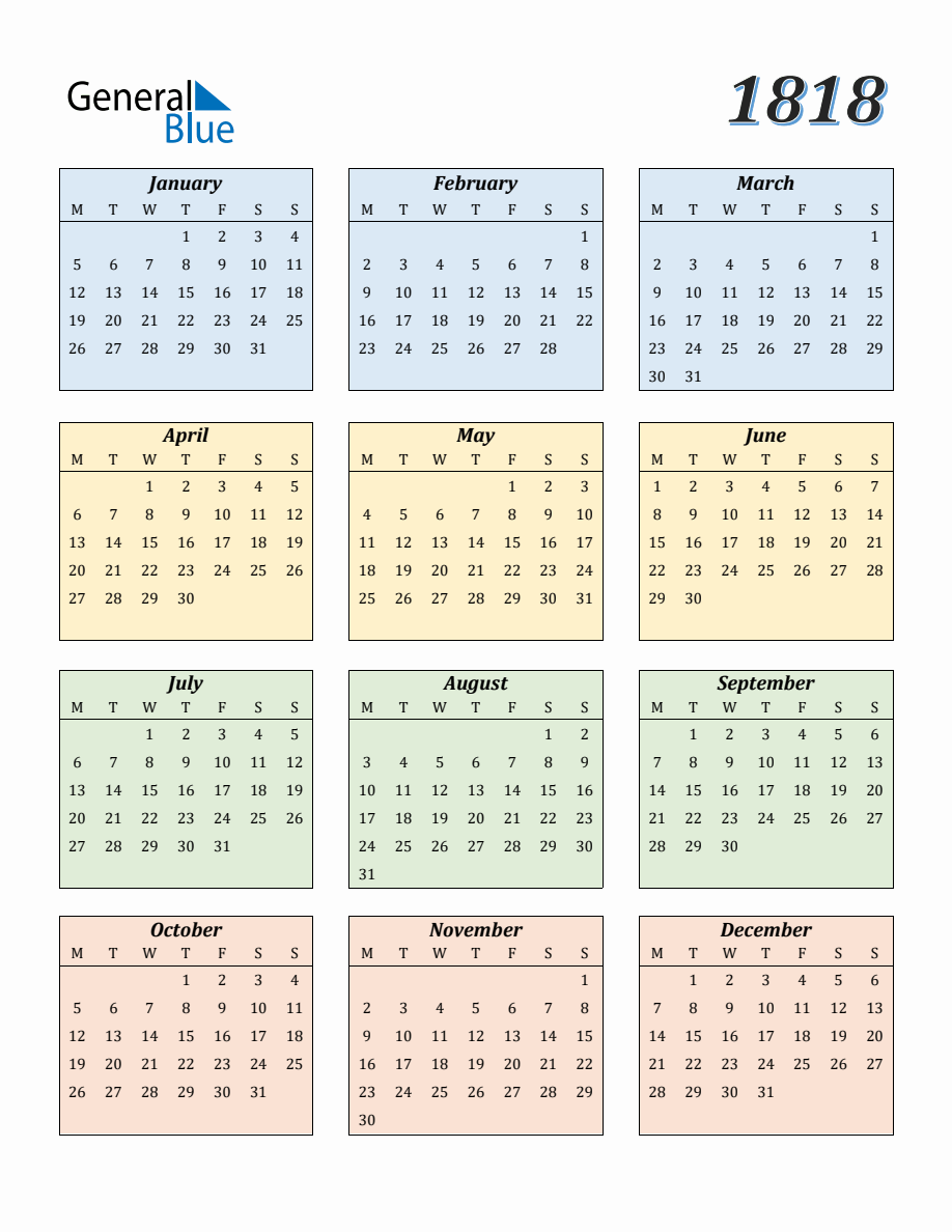 Calendar for Year 1818 with Monday Start
