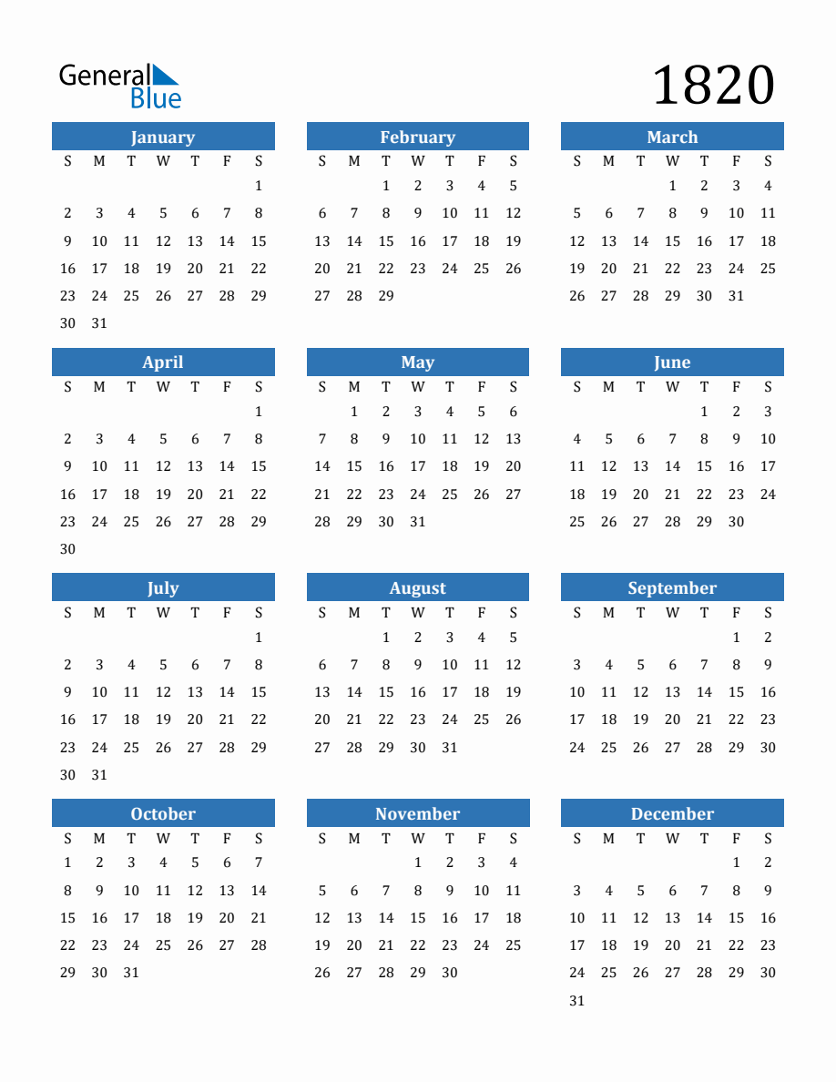 1820 Yearly Calendar
