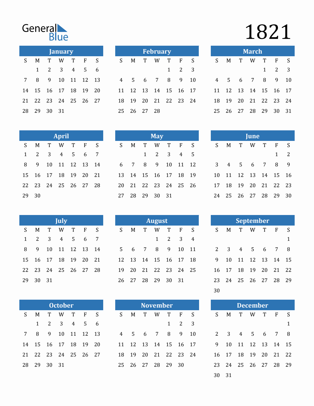 Free 1821 Calendars in PDF, Word, Excel