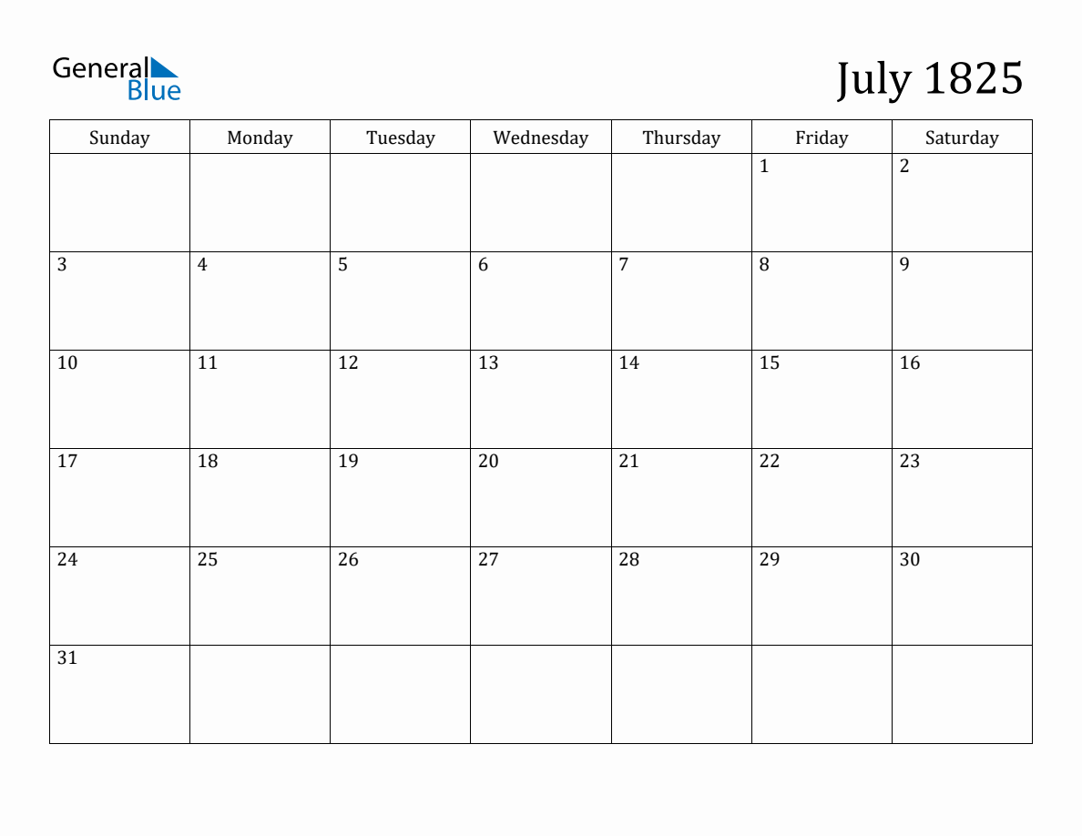July 1825 Monthly Calendar