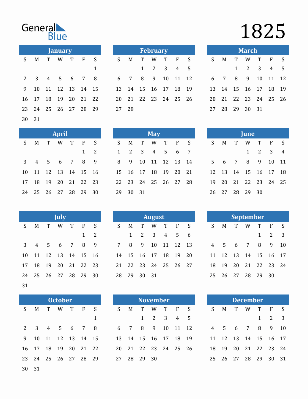 Free 1825 Calendars in PDF, Word, Excel