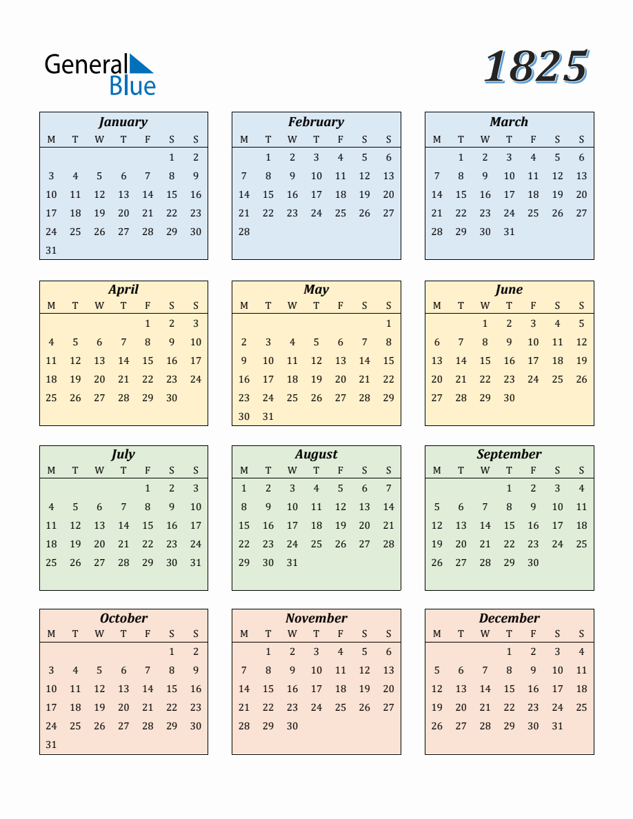 Calendar for Year 1825 with Monday Start