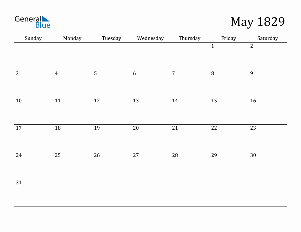 May 1829 Monthly Calendar