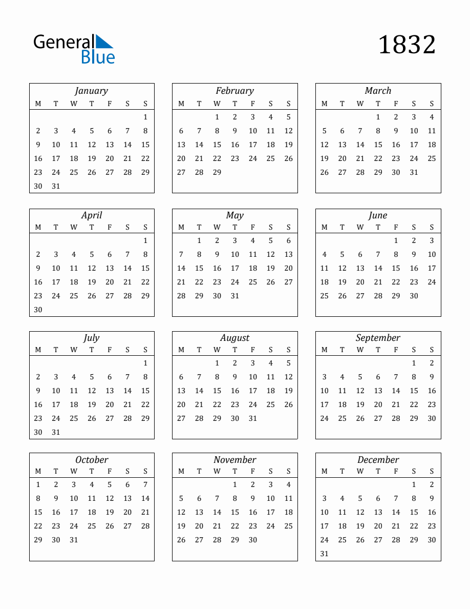 1832 Blank Yearly Calendar Printable