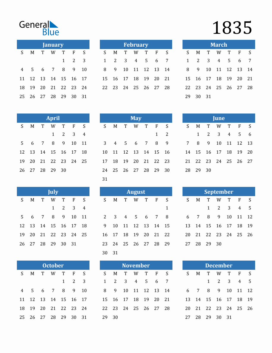 1835 Yearly Calendar