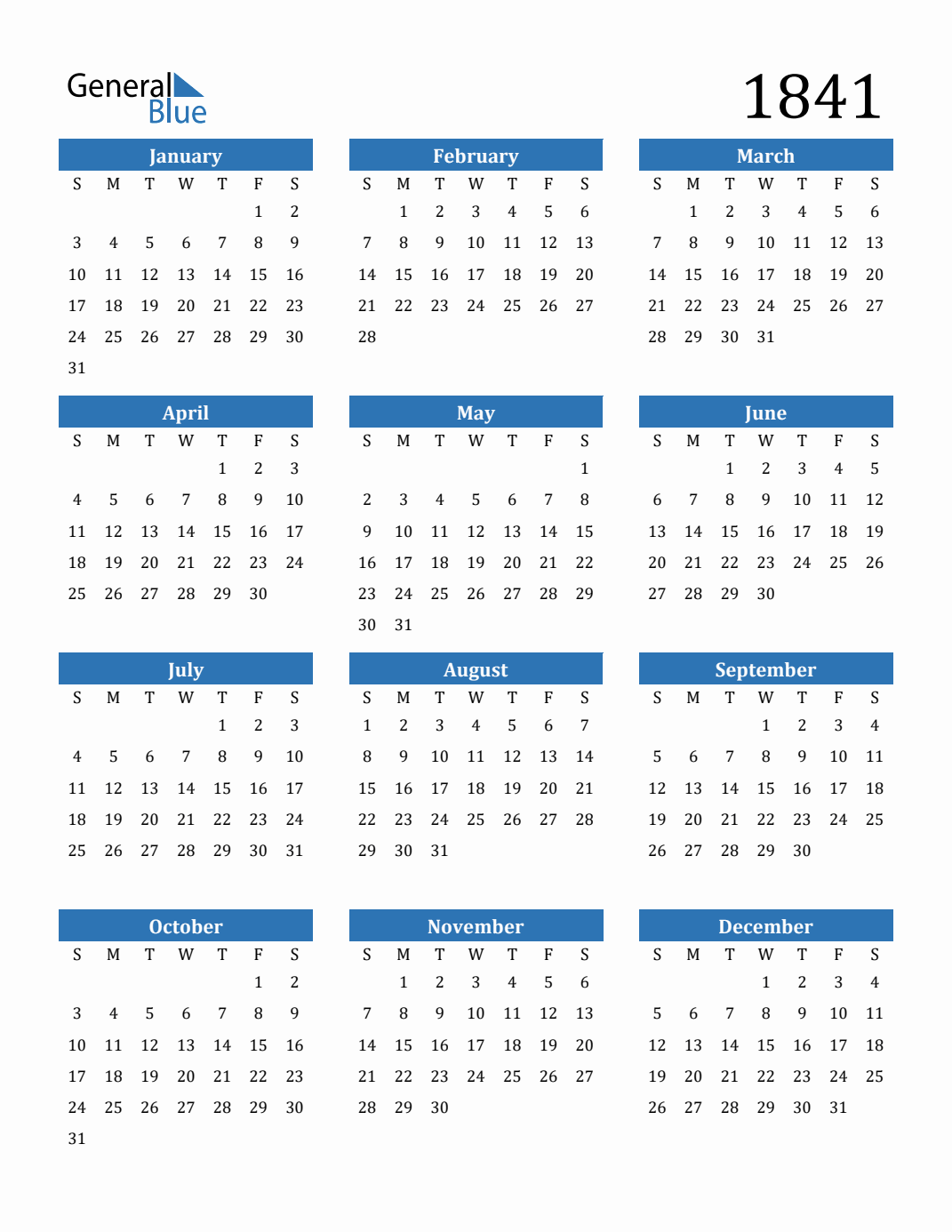 1841 Yearly Calendar Templates with Monday Start