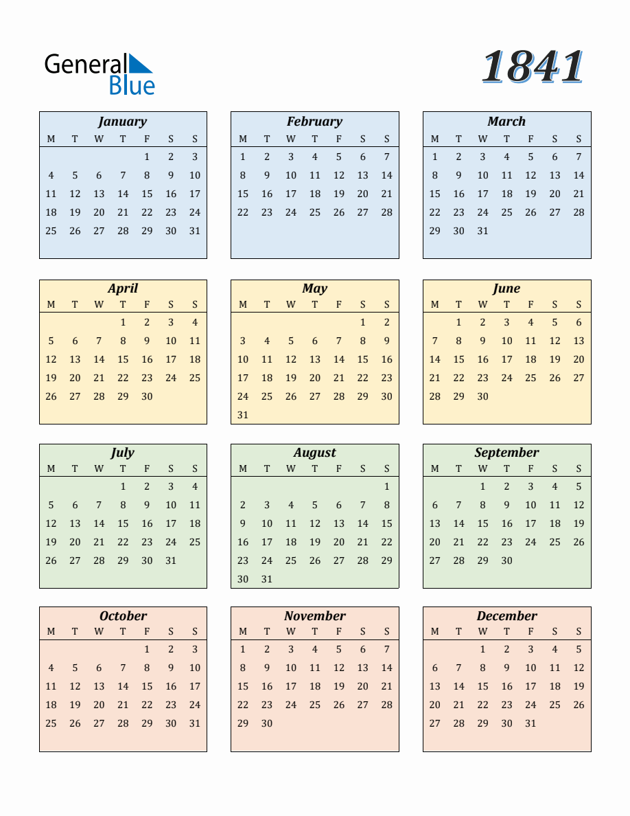 Calendar for Year 1841 with Monday Start