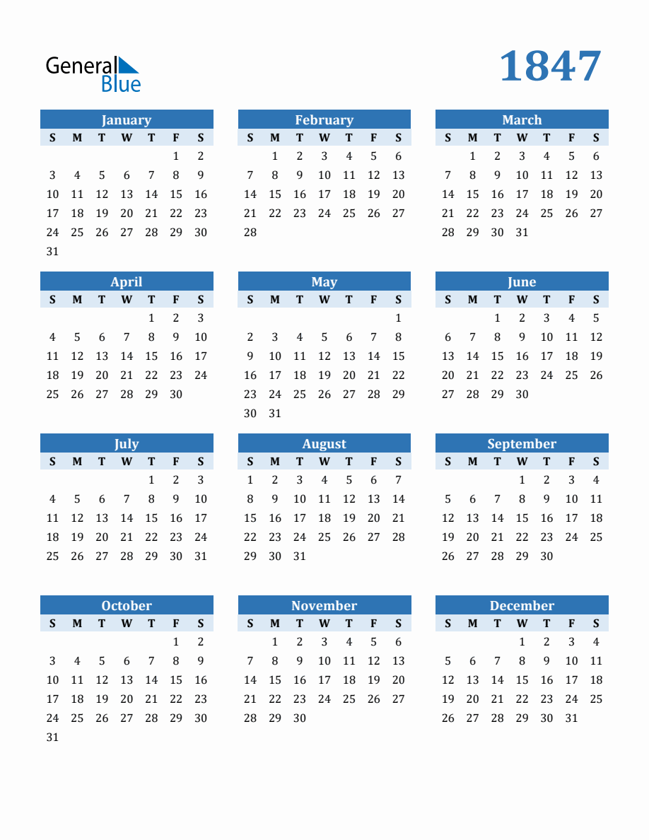 Free 1847 Year Calendar in PDF, Word, and Excel