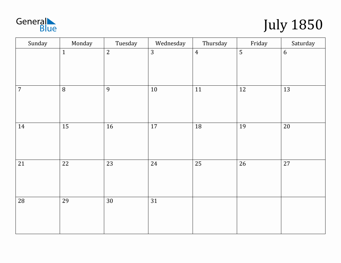 July 1850 Monthly Calendar