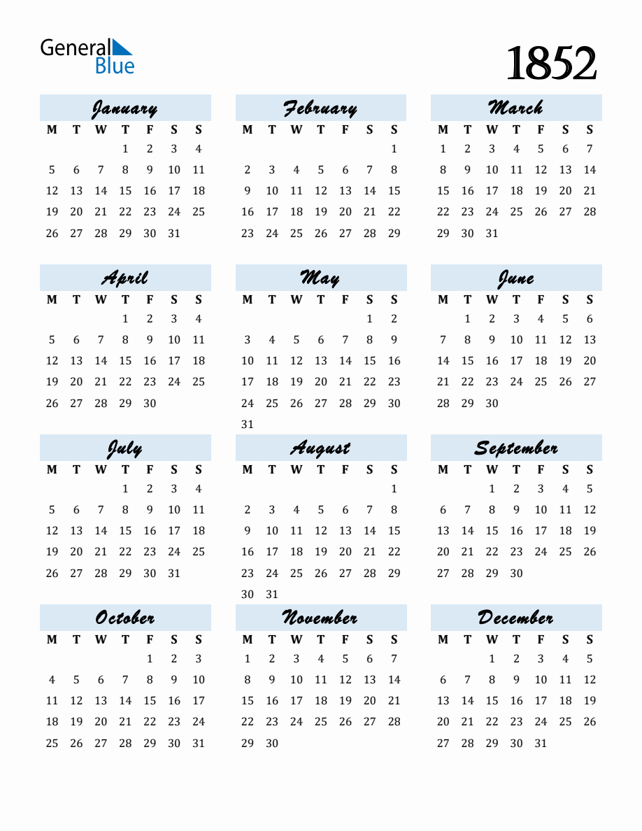 Free Downloadable Calendar for Year 1852 with Monday Start