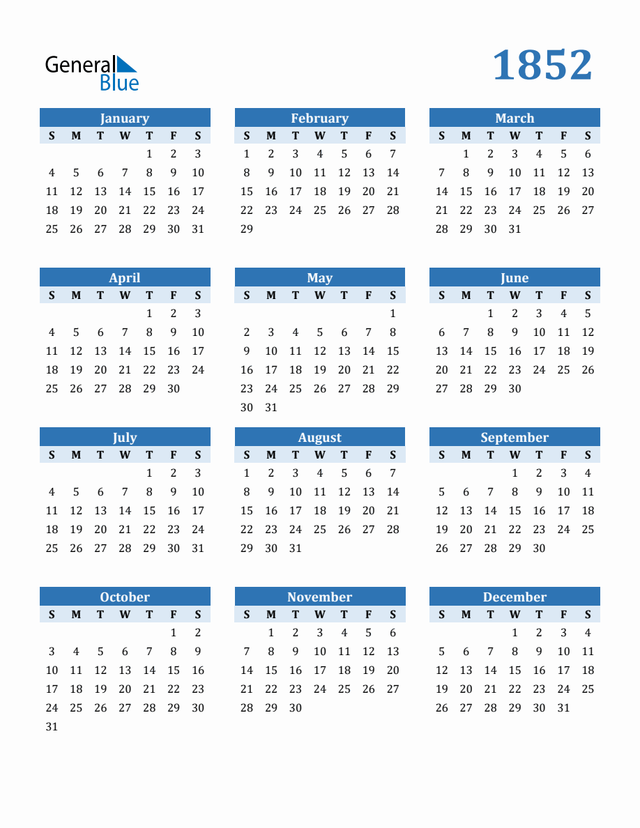 Free 1852 Year Calendar in PDF, Word, and Excel
