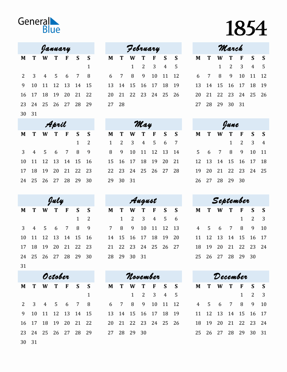Free Downloadable Calendar for Year 1854 with Monday Start