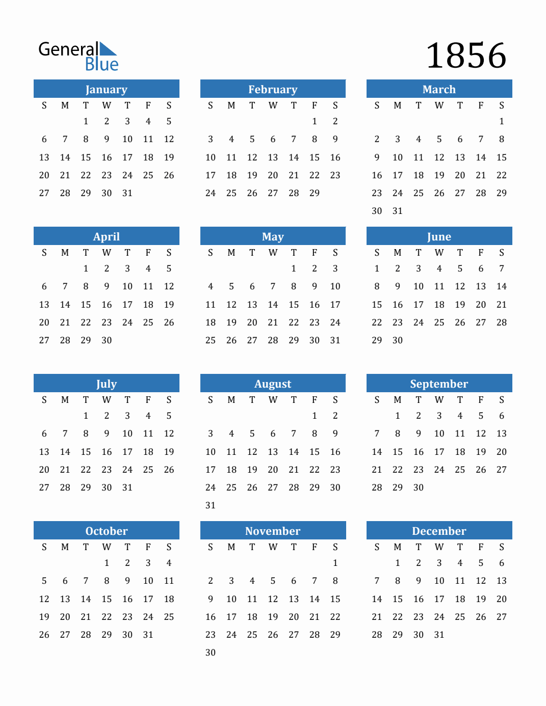 Free 1856 Calendars in PDF, Word, Excel