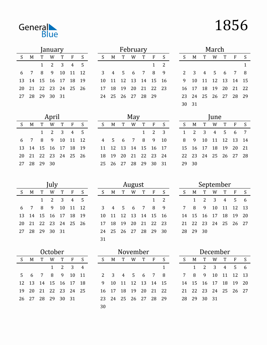 Year 1856 Free Printable 12-Month Calendar
