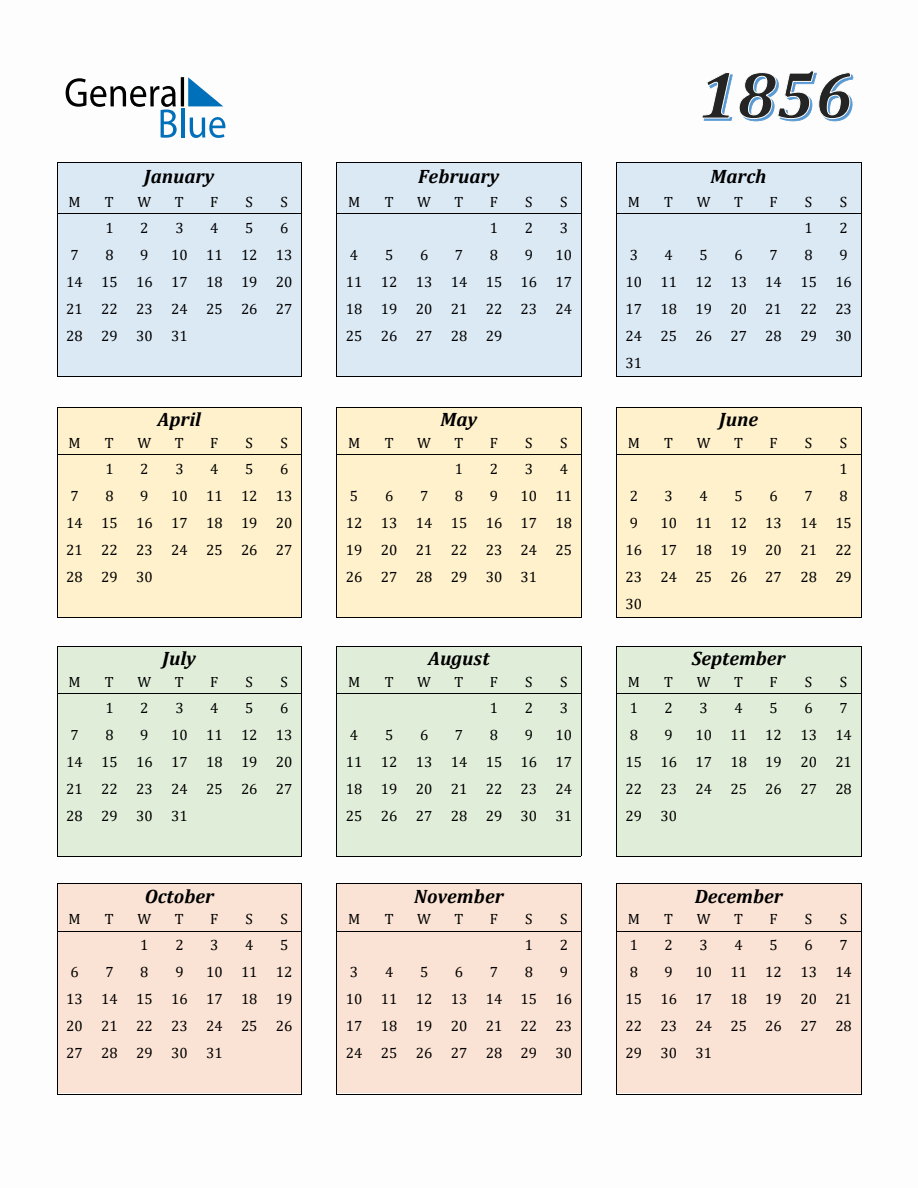 Calendar for Year 1856 with Monday Start