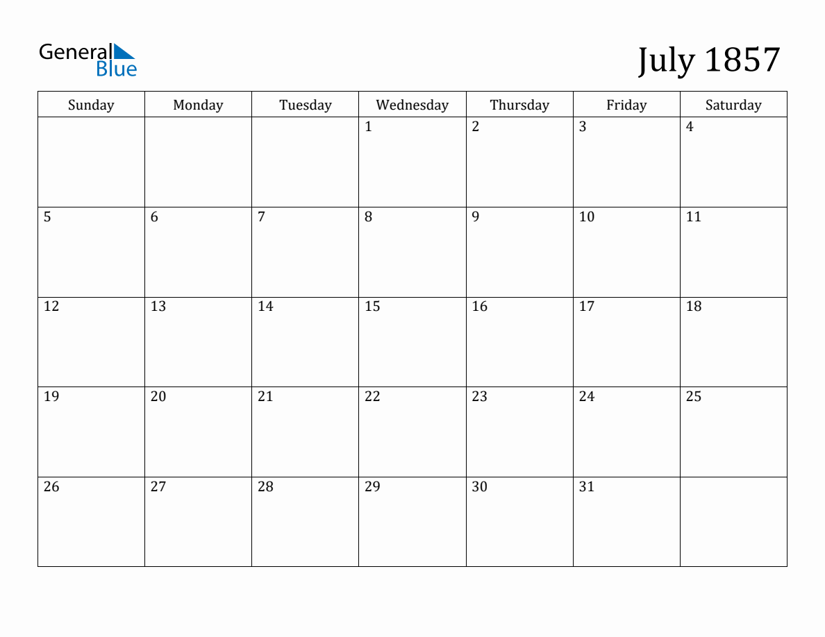 July 1857 Monthly Calendar