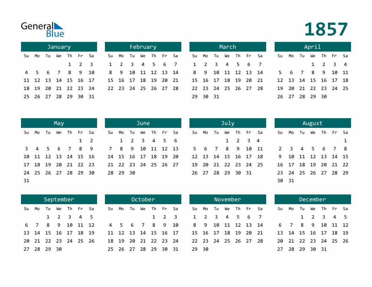 1857 Full-Year Calendar