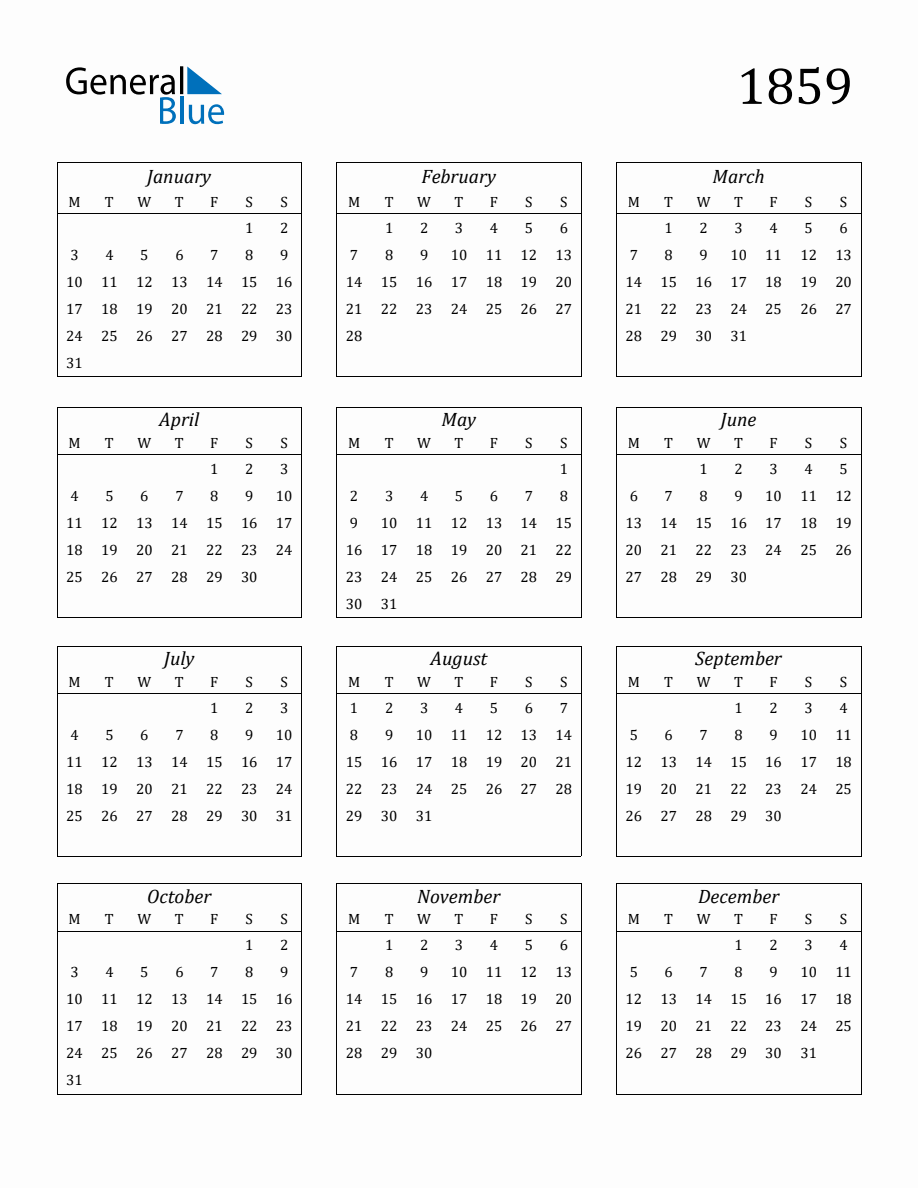 1859 Blank Yearly Calendar Printable with Monday Start