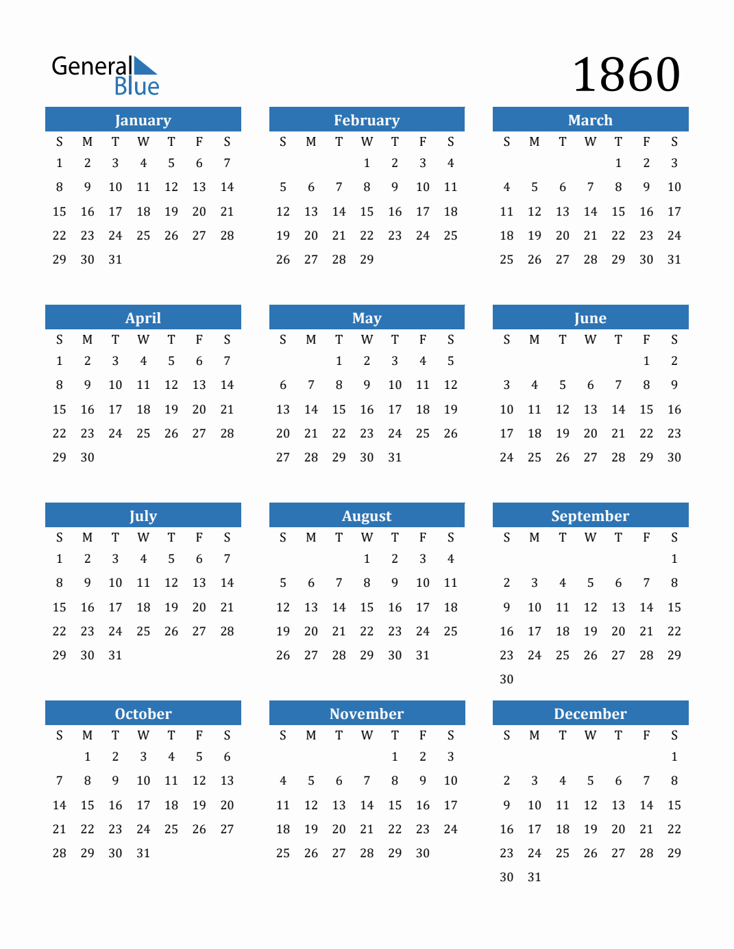 Free 1860 Calendars in PDF, Word, Excel