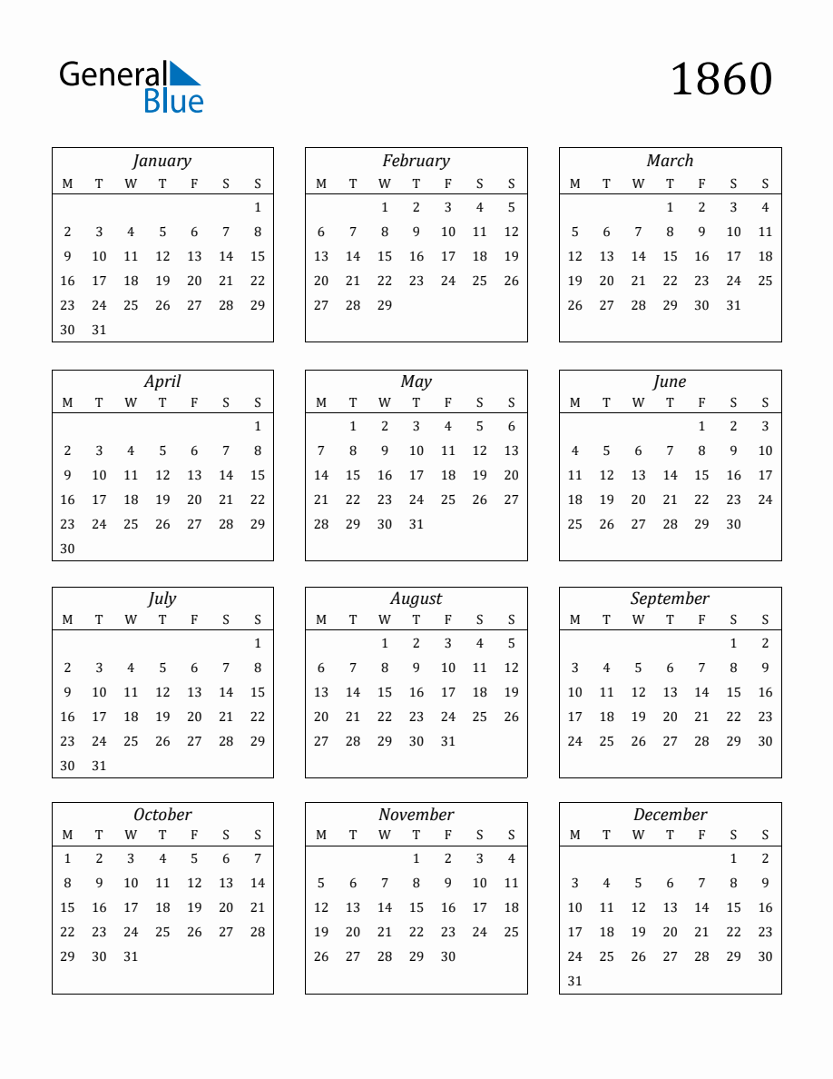 1860 Blank Yearly Calendar Printable with Monday Start