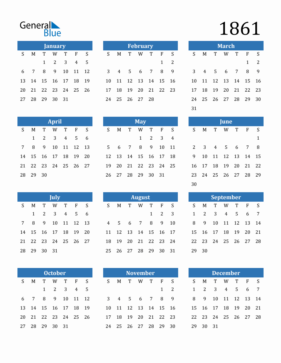 1861 Yearly Calendar