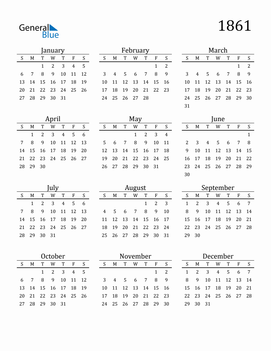 Year 1861 Free Printable 12-Month Calendar