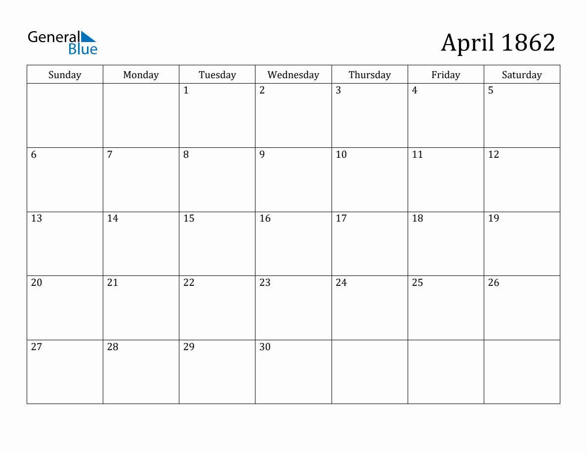 April 1862 Monthly Calendar