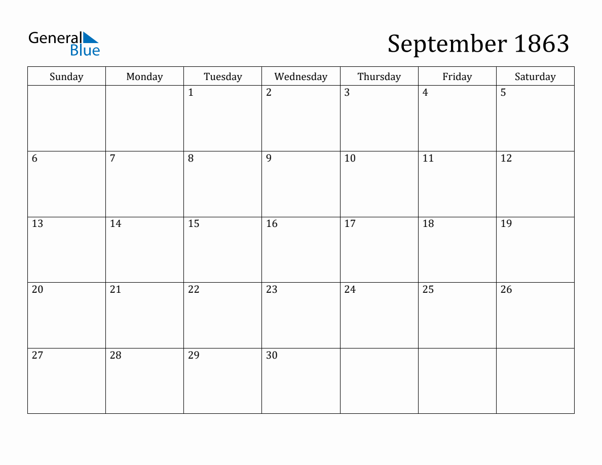 September 1863 Monthly Calendar