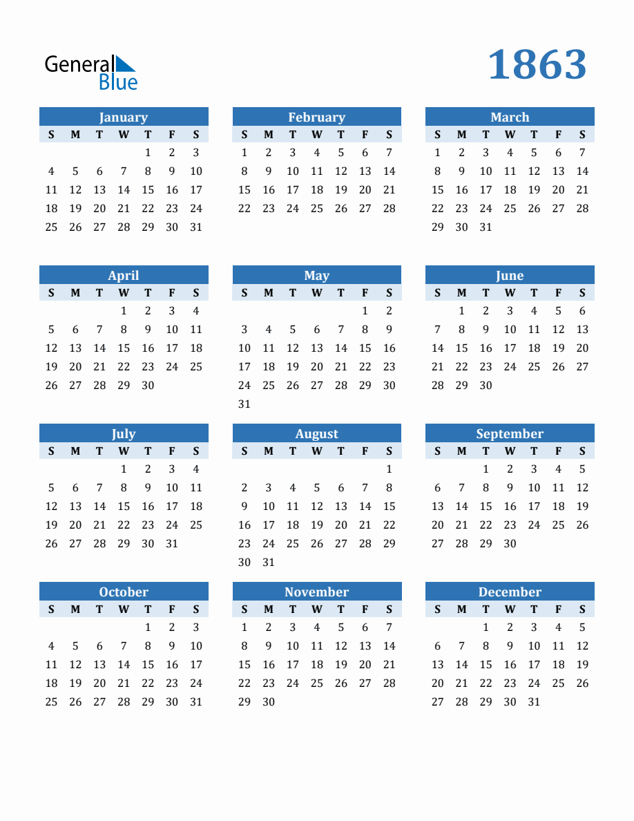 Free 1863 Year Calendar in PDF, Word, and Excel