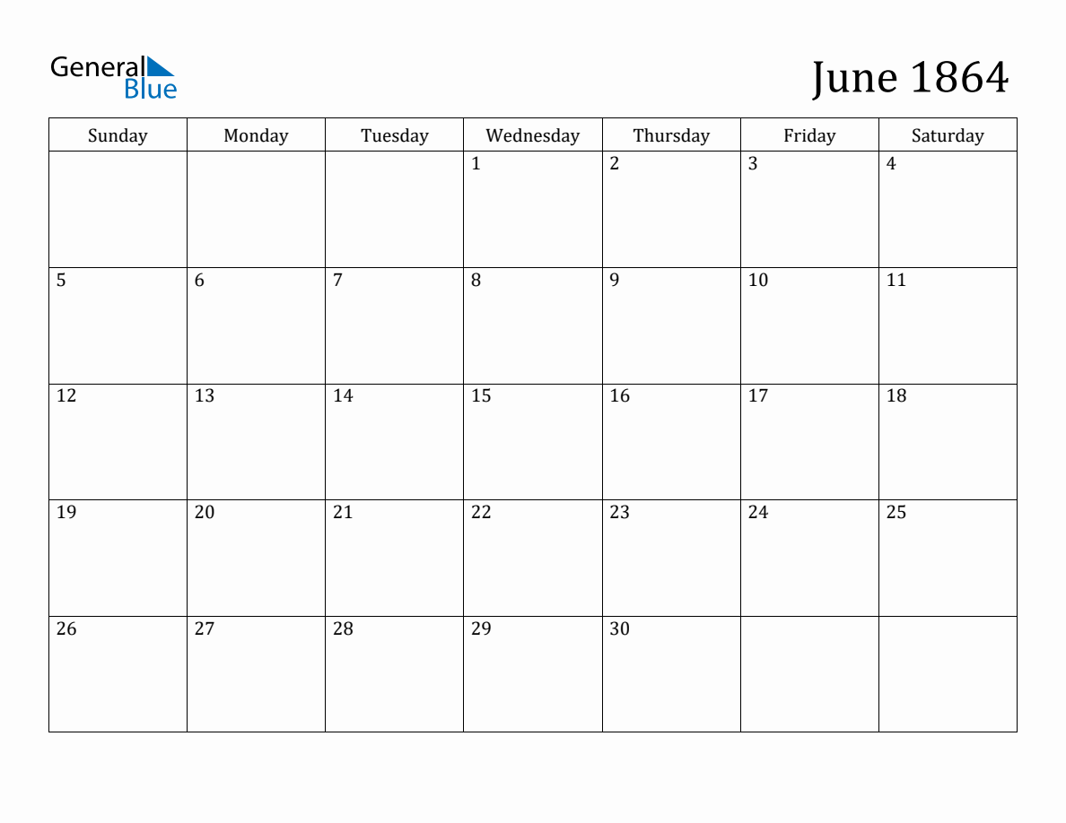 June 1864 Monthly Calendar