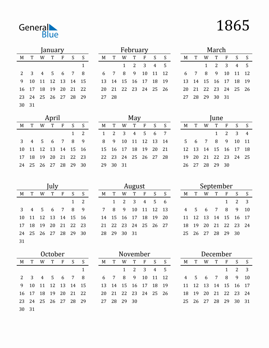 Year 1865 Free Printable 12-Month Calendar with Monday Start