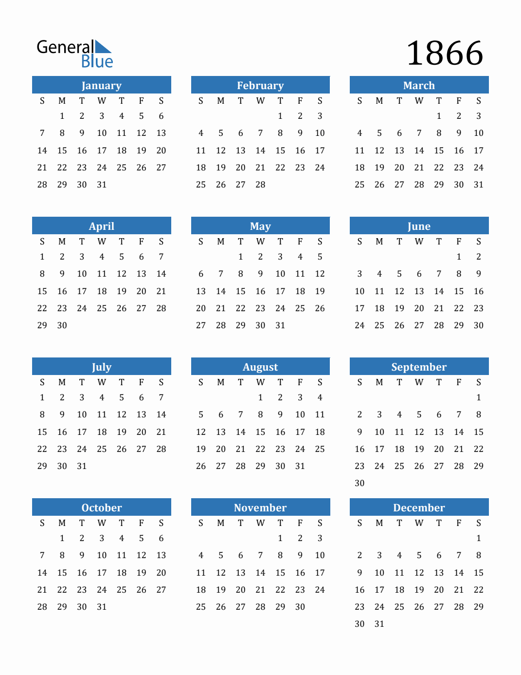 Free 1866 Calendars in PDF, Word, Excel