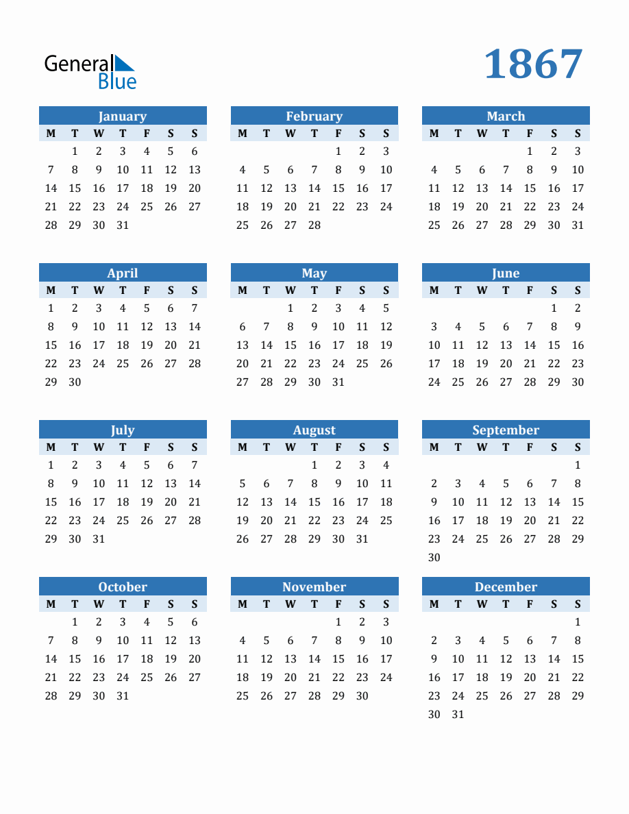 Free 1867 Year Calendar in PDF, Word, and Excel with Monday Start