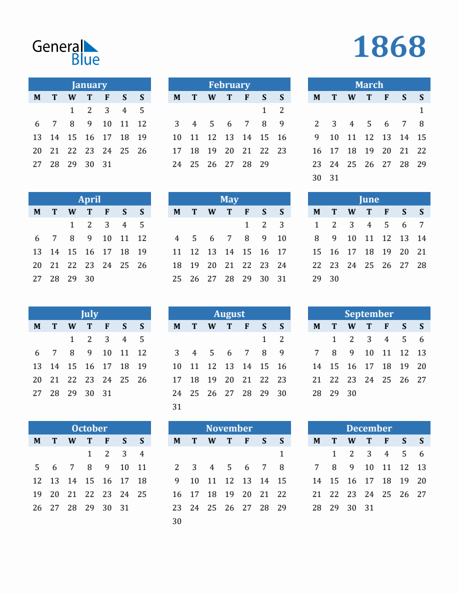 Free 1868 Year Calendar in PDF, Word, and Excel with Monday Start