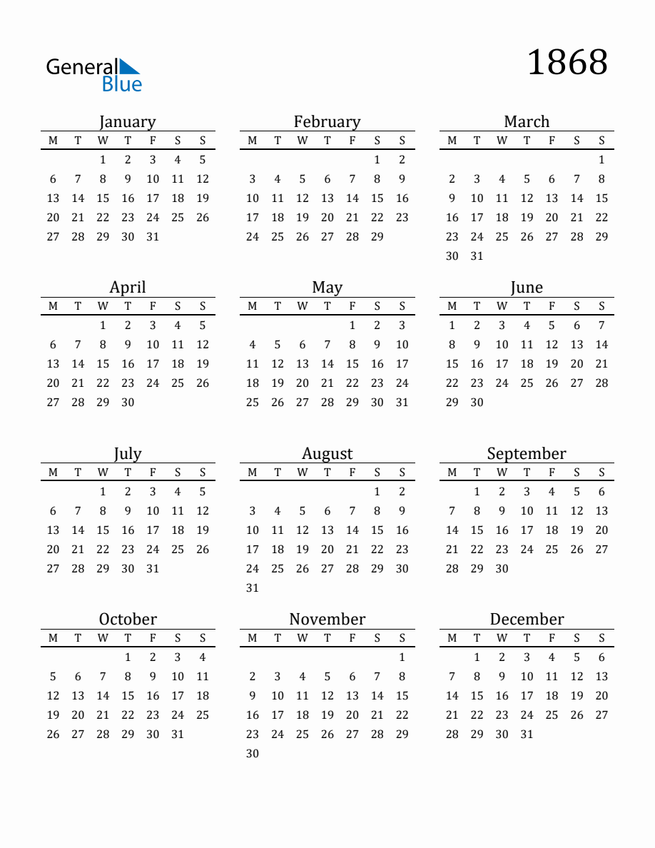 Year 1868 Free Printable 12-Month Calendar with Monday Start