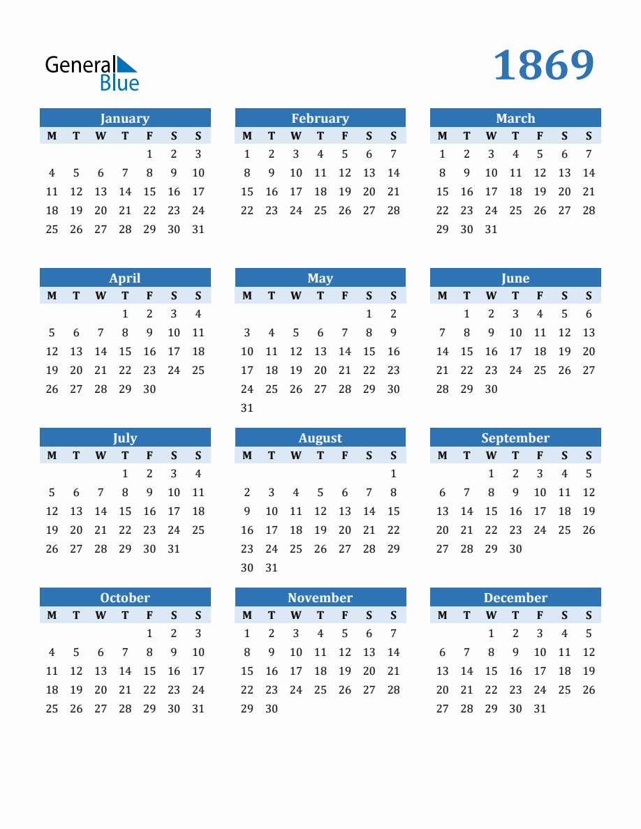 Free 1869 Year Calendar in PDF, Word, and Excel with Monday Start