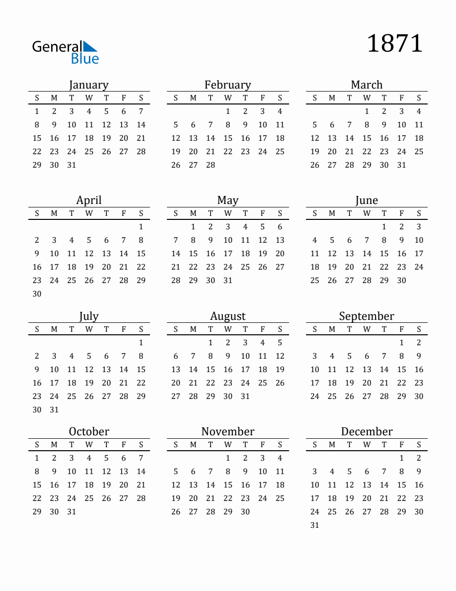 Year 1871 Free Printable 12-Month Calendar