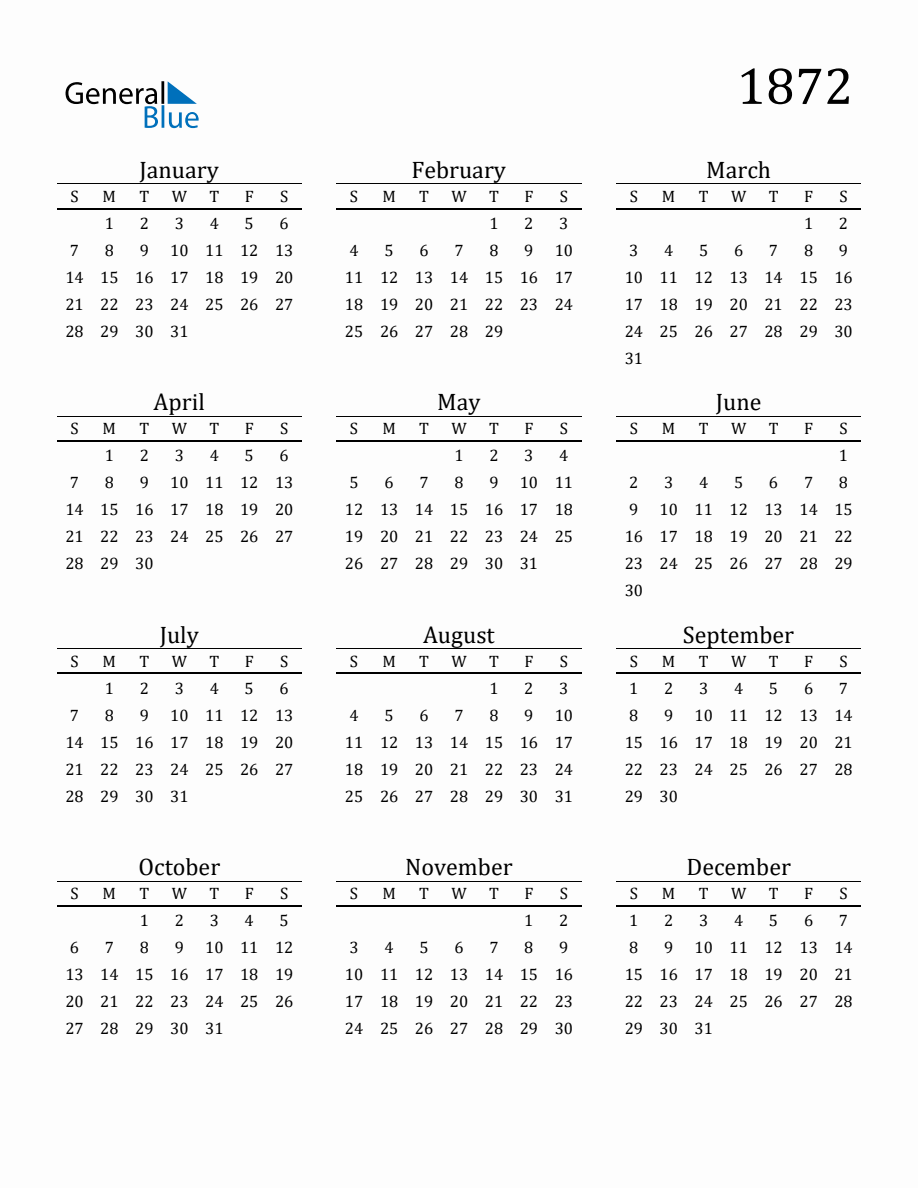 Year 1872 Free Printable 12-Month Calendar