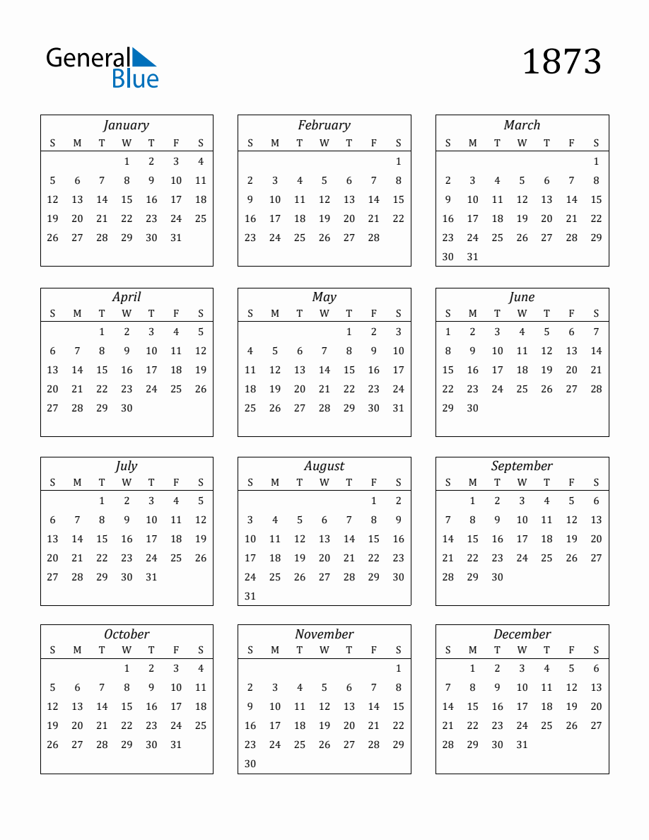 1873 Blank Yearly Calendar Printable