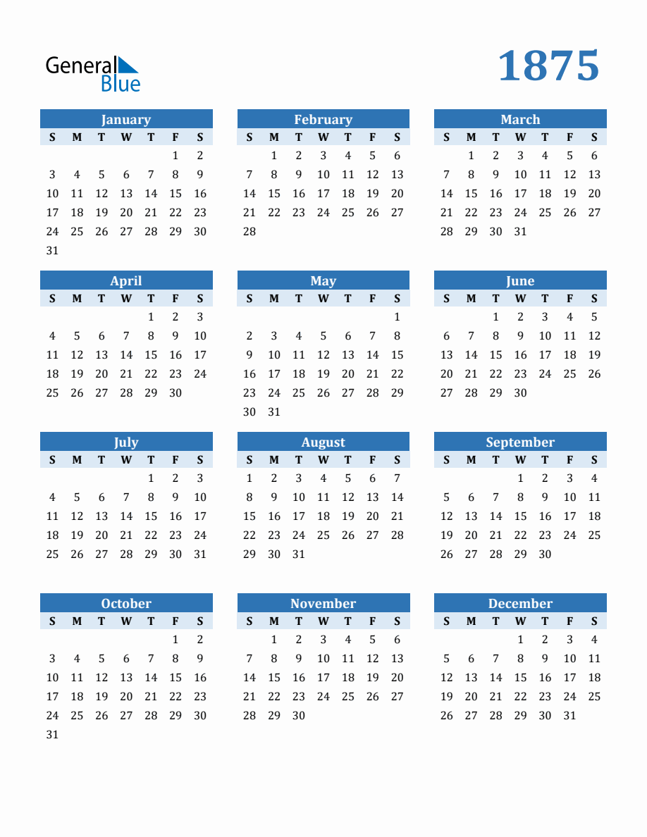 Free 1875 Year Calendar in PDF, Word, and Excel