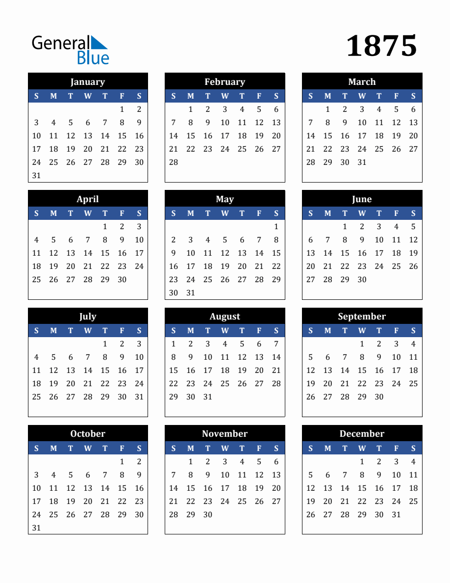 Editable 1875 Calendar