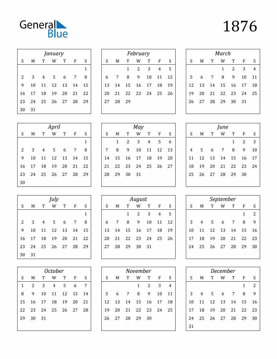 1876 Blank Yearly Calendar Printable