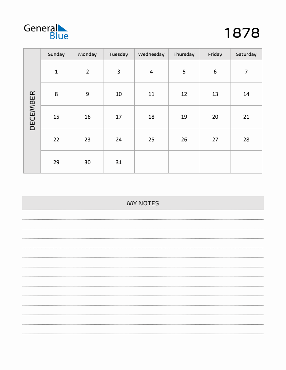 December 1878 Printable Monthly Calendar with Notes