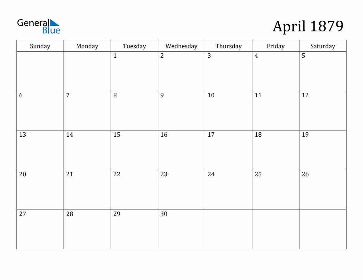 April 1879 Monthly Calendar