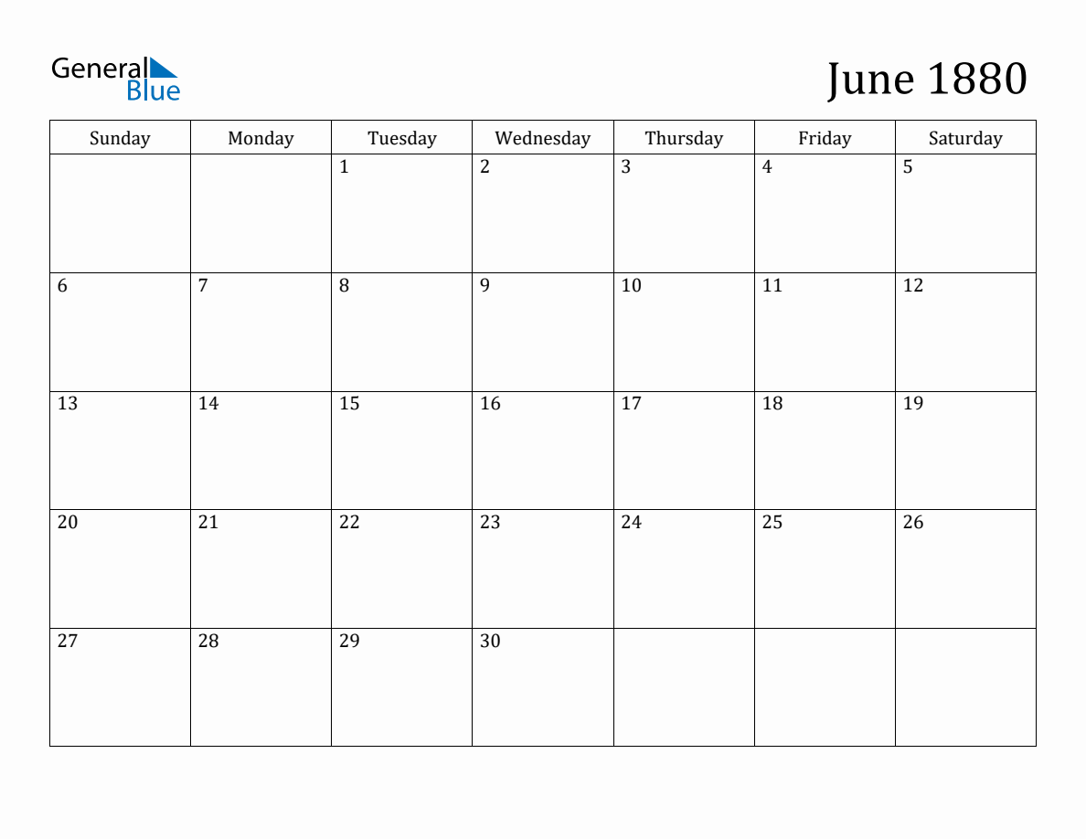 June 1880 Monthly Calendar