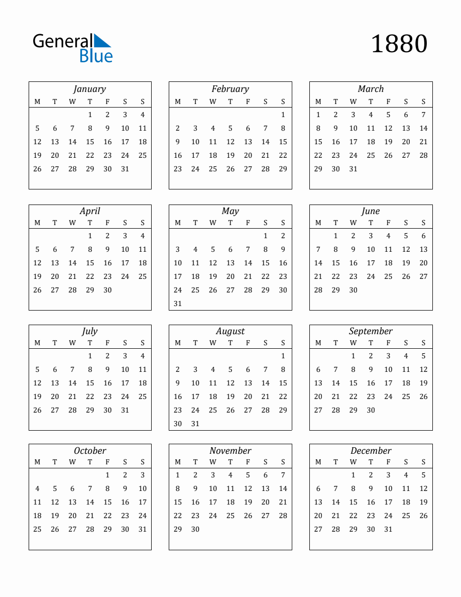 1880 Blank Yearly Calendar Printable with Monday Start