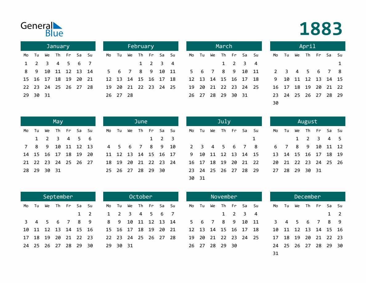 1883 Full-Year Calendar with Monday Start
