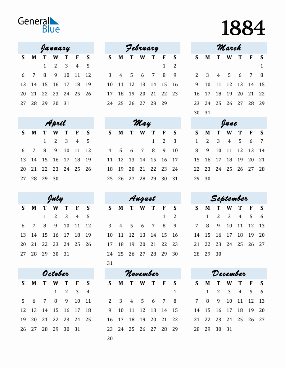 Free Downloadable Calendar for Year 1884