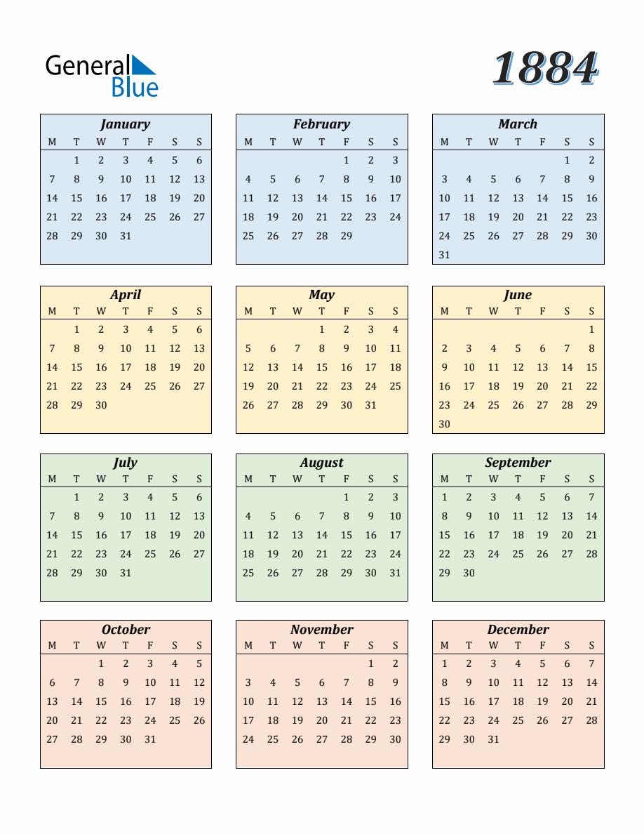 Calendar for Year 1884 with Monday Start